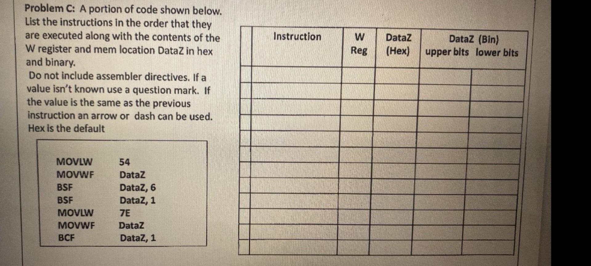 Solved Problem C: A portion of code shown below. List the | Chegg.com