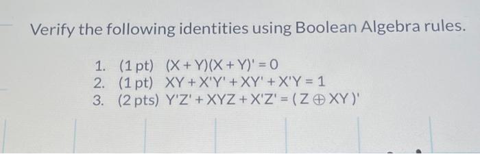 Solved Verify the following identities using Boolean Algebra | Chegg.com