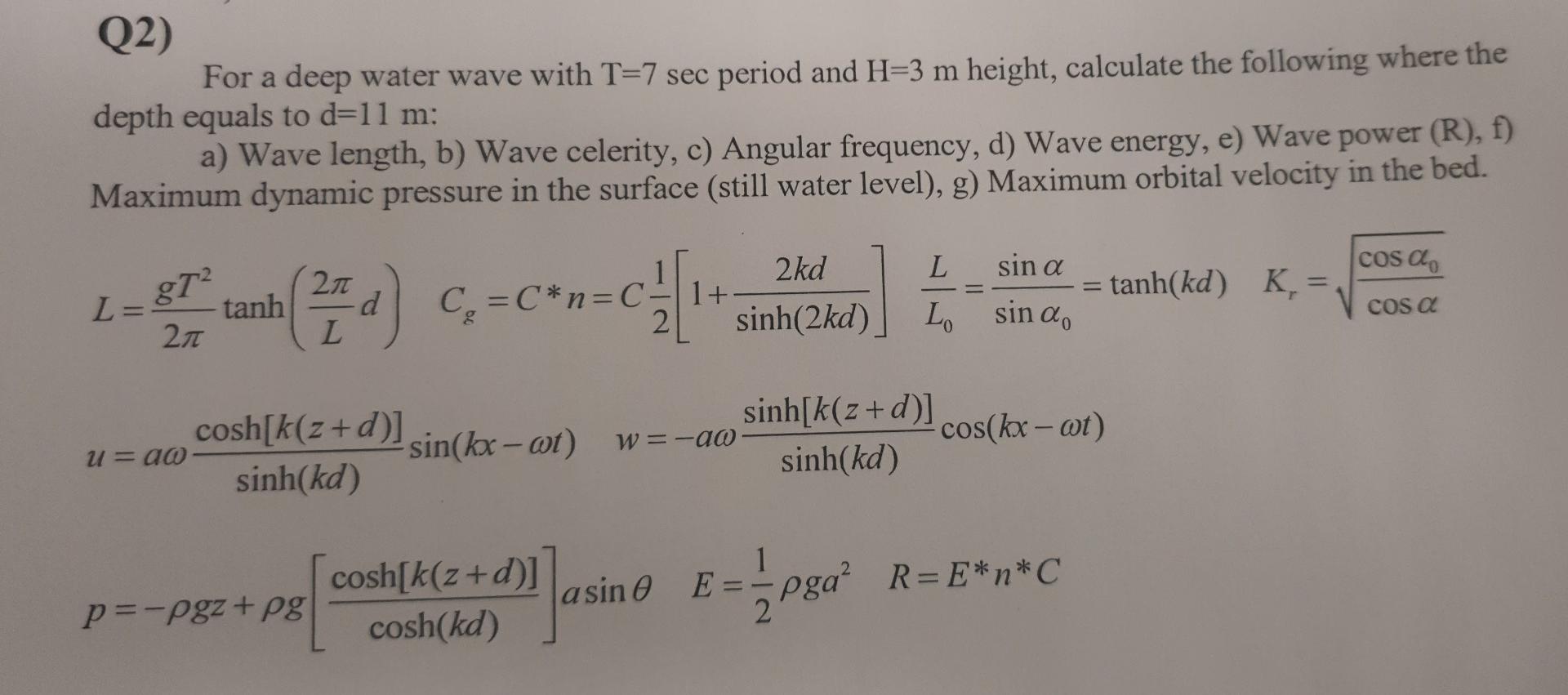 Solved For a deep water wave with T=7sec period and H=3 m | Chegg.com