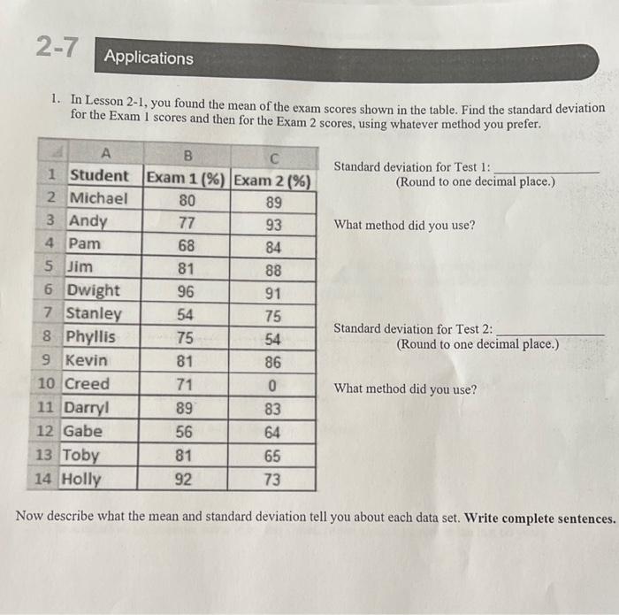 Solved 1. In Lesson 2-1, you found the mean of the exam | Chegg.com
