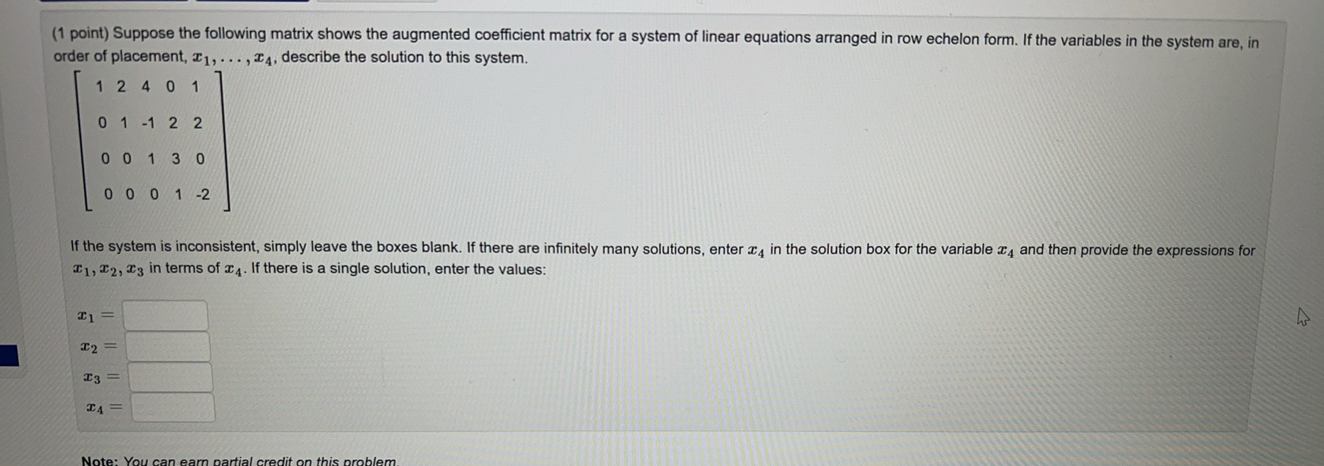 Solved (1 ﻿point) ﻿Suppose the following matrix shows the | Chegg.com