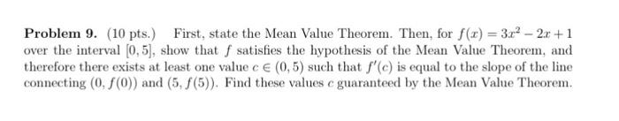 Solved Problem 9. (10 pts.) First, state the Mean Value | Chegg.com