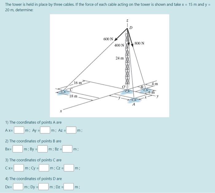 Solved The tower is held in place by three cables. If the | Chegg.com