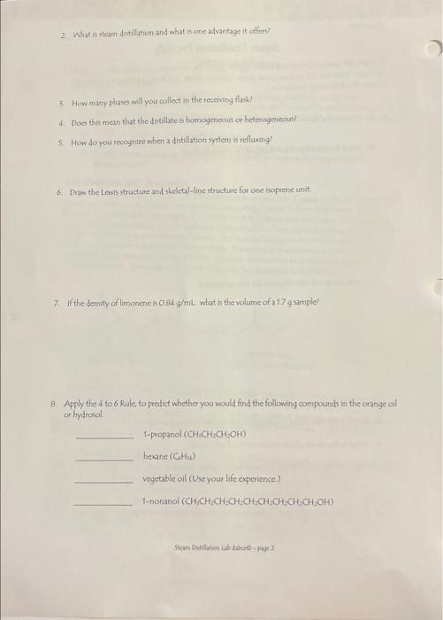 Solved Chem 309 Name Steam Distillation Pre-Lab This pre-lab | Chegg.com