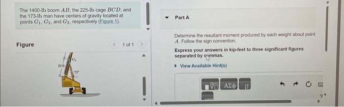 Solved The 1400 -lb boom AB, the 225 -lb cage BCD, and the | Chegg.com