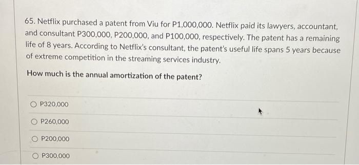 Solved 65. Netflix purchased a patent from Viu for | Chegg.com