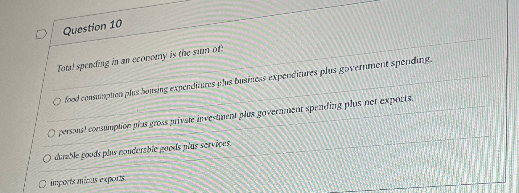 Solved Question 10Total spending in an economy is the sum | Chegg.com