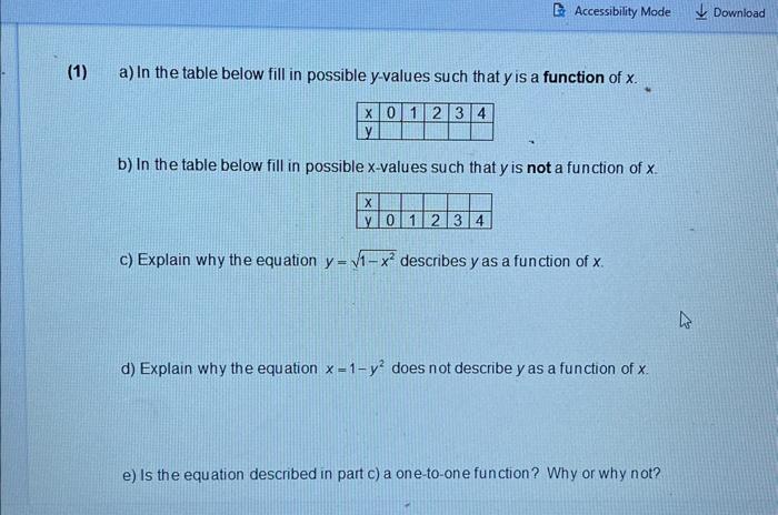 Solved a) In the table below fill in possible y-values such | Chegg.com