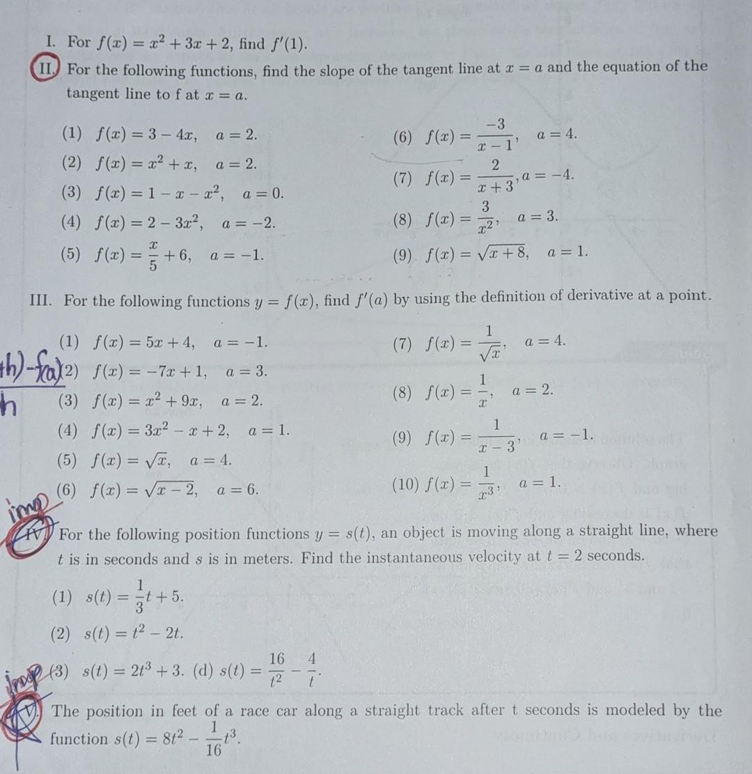 Solved I. For f(x)=x2+3x+2, find f′(1). II. For the | Chegg.com
