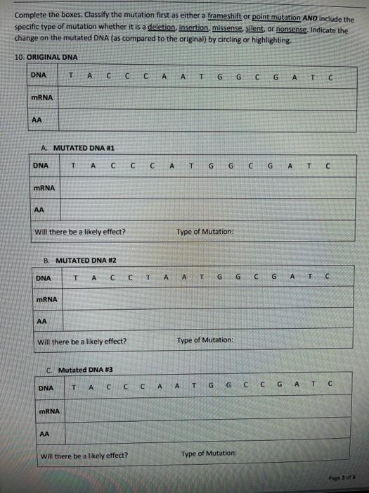 Solved Complete the boxes. Classify the mutation first as | Chegg.com