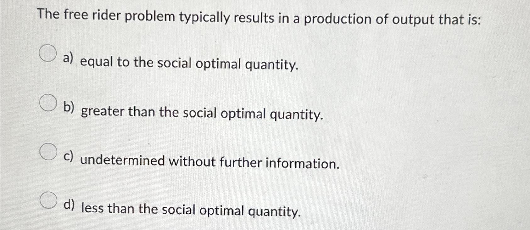 Solved The free rider problem typically results in a | Chegg.com