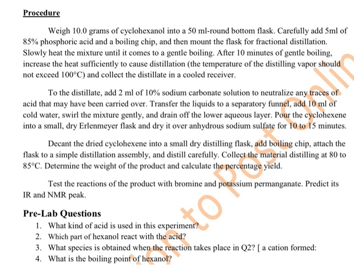 Solved Experiment 8: Dehydration of Cyclohexanol The | Chegg.com