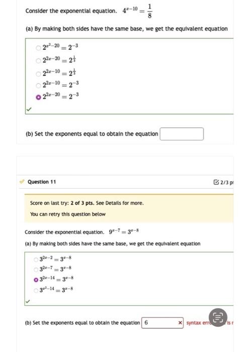 Solved set the exponents equal to obtain the equation from | Chegg.com