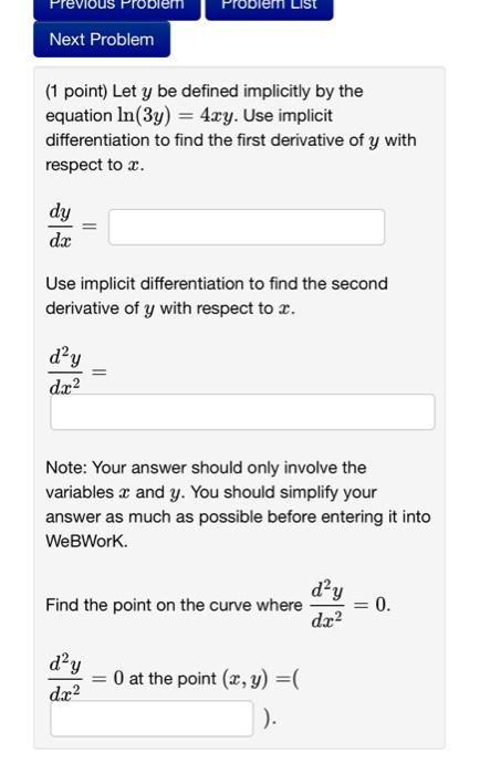 Solved (1 point) Let y be defined implicitly by the equation | Chegg.com