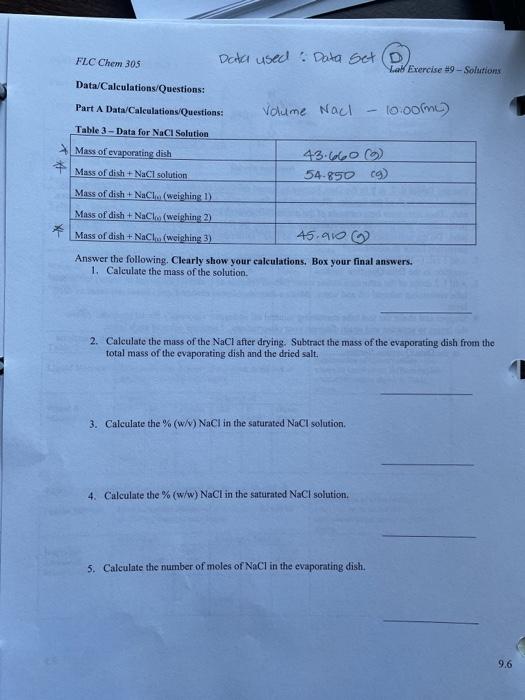 FLC Chem 305 Lab Exercise #9 - Solutions 6. Calculate | Chegg.com