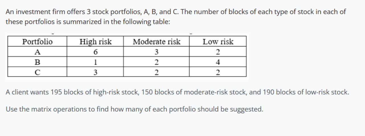 Solved An investment firm offers 3 ﻿stock portfolios, A, ﻿B, | Chegg.com