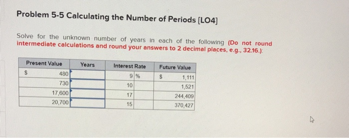 Solved Problem 5-5 Calculating the Number of Periods (LO4] | Chegg.com