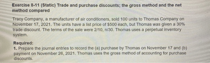 Solved Exercise 8-11 (Static) Trade and purchase discounts; | Chegg.com
