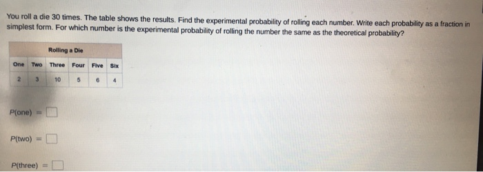 Solved You roll a die 30 times. The table shows the results. | Chegg.com