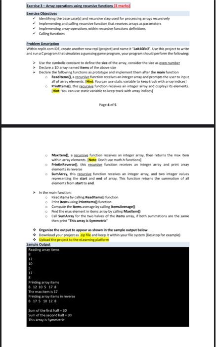Solved Exercise 3-Array operations using recursive functions | Chegg.com