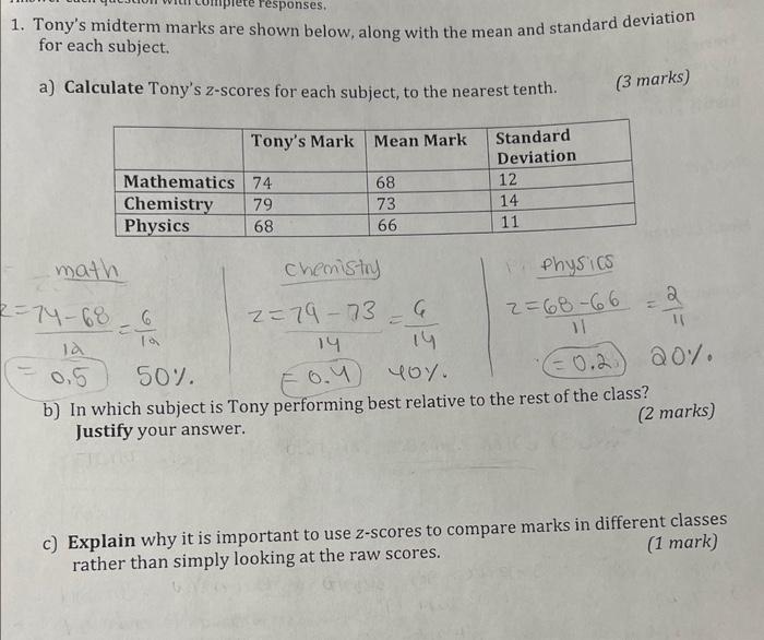 Solved 1. Tony's midterm marks are shown below, along with | Chegg.com