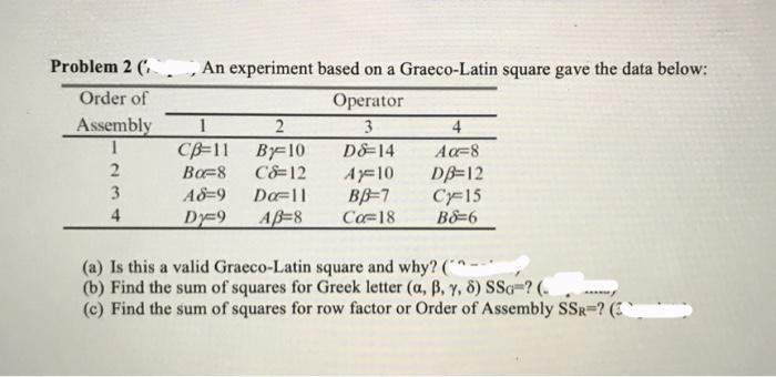 Solved Problem 2 (1. An experiment based on a Graeco-Latin | Chegg.com