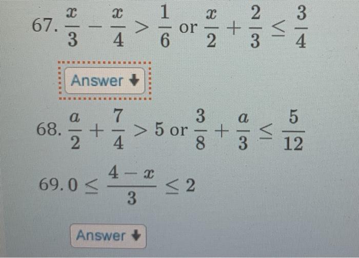 Solved 67. > 1 or 6 + VI 3 4 Answer + 5 a 68. 2 + 7 3 > 5 or | Chegg.com