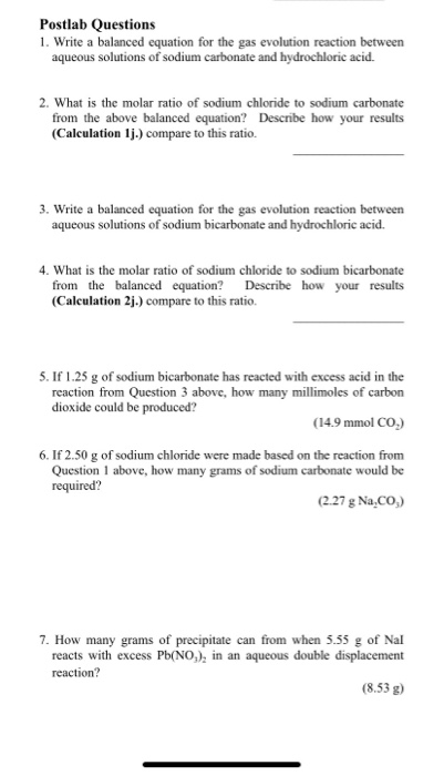 Solved Postlab Questions 1. Write a balanced equation for | Chegg.com