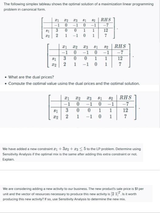 Solved The following simplex tableau shows the optimal | Chegg.com