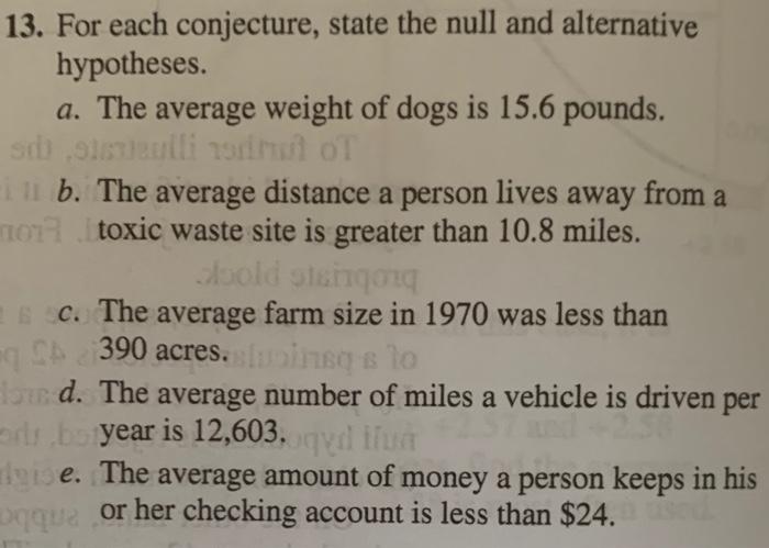 Solved 13. For each conjecture, state the null and | Chegg.com