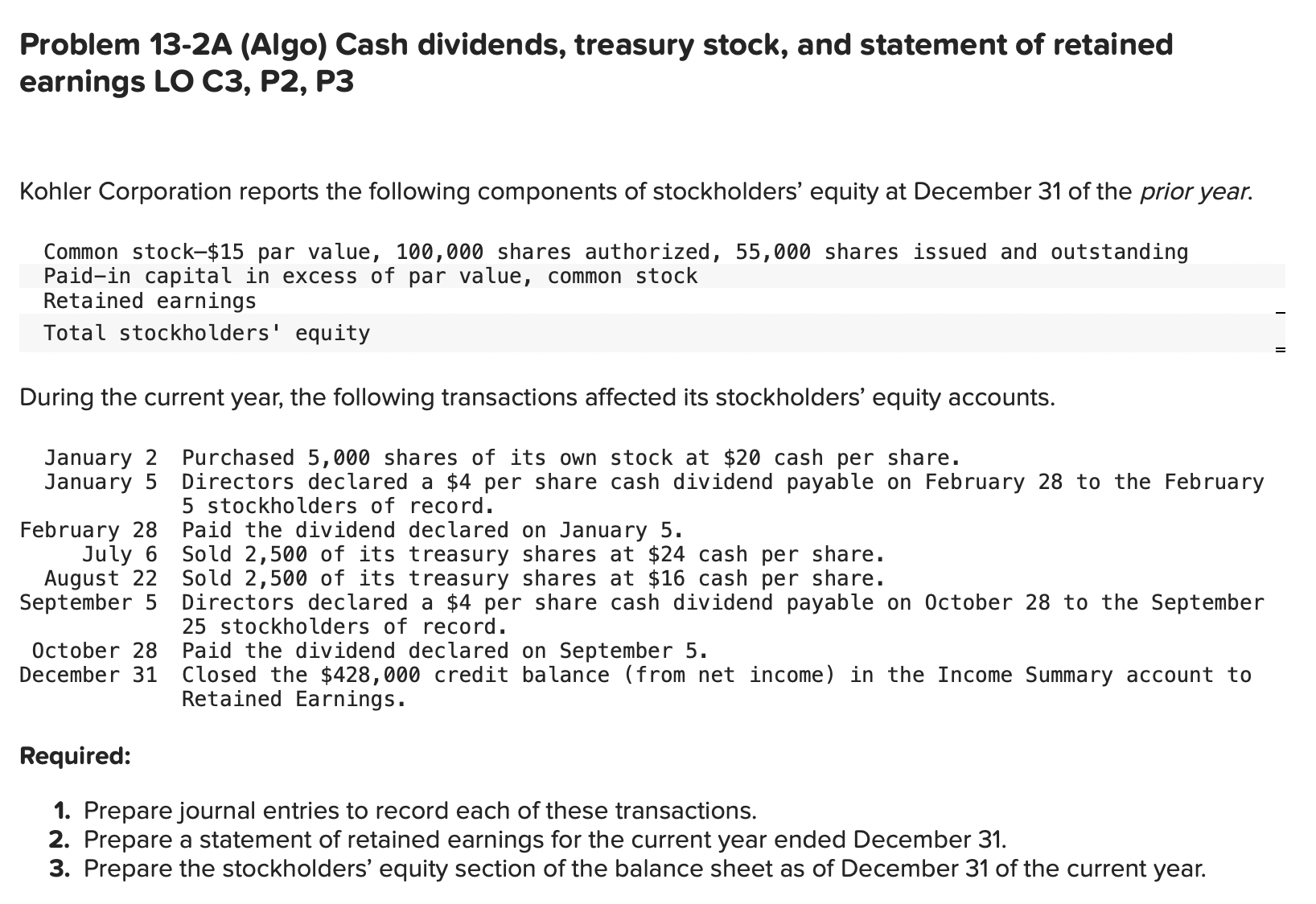 Solved Problem 13-2A (Algo) ﻿Cash dividends, treasury stock, | Chegg.com
