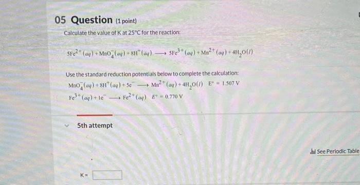 Solved 05 Question (1point) Calculate the value of K at 25∘C | Chegg.com