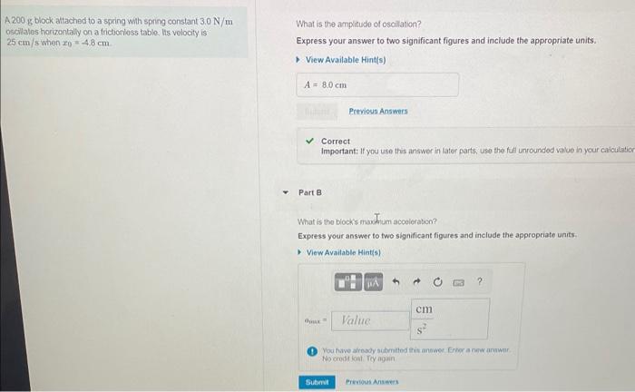 Solved A 200 g block attached to a spring with spring | Chegg.com