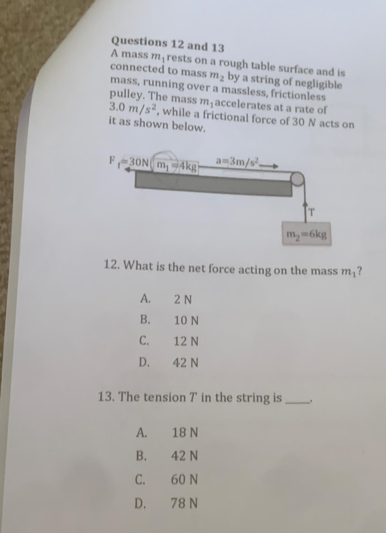Solved Questions 12 ﻿and 13A mass m1 ﻿rests on a rough table | Chegg.com