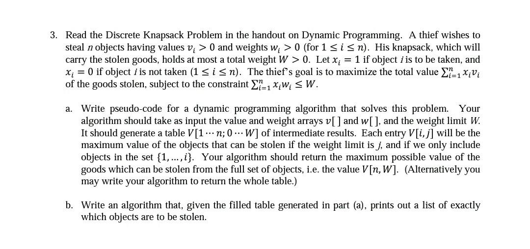 Solved 3. Read the Discrete Knapsack Problem in the handout | Chegg.com