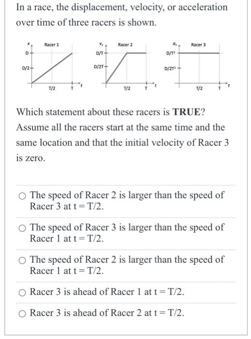 Solved In a race, the displacement, velocity, or | Chegg.com