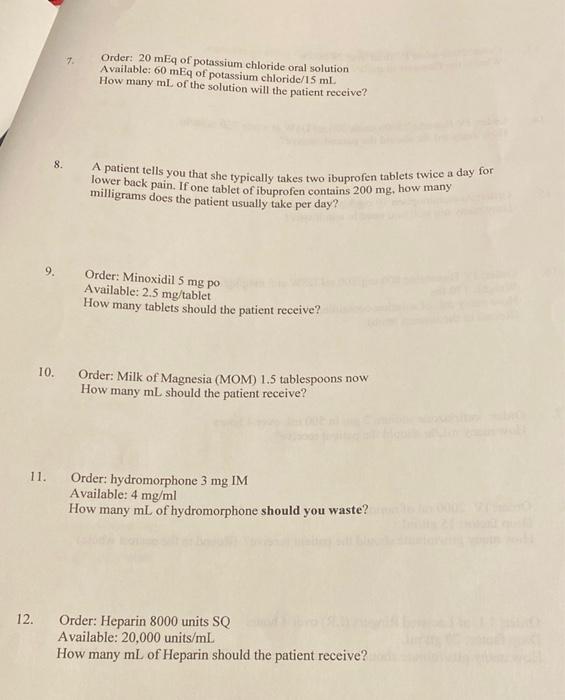 Solved 7. Order: 20 mEq of potassium chloride oral solution | Chegg.com