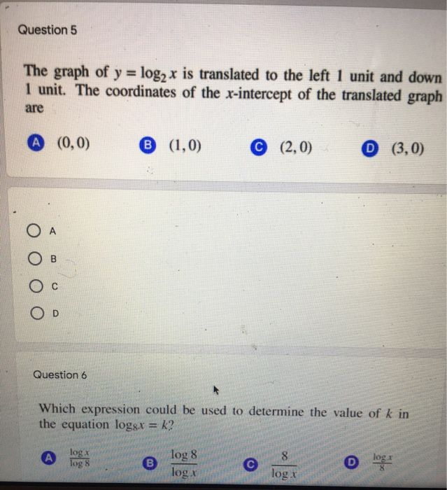 Solved Question 5 The graph of y = log2 x is translated to | Chegg.com