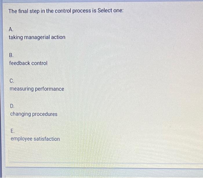 Solved The final step in the control process is Select one: | Chegg.com