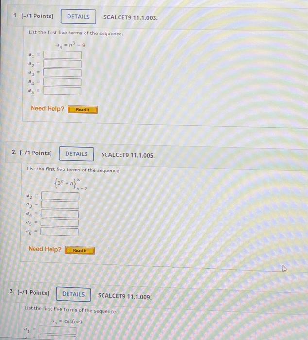 Solved [-/1 Points] SCALCET9 11.1.003. List the first five | Chegg.com