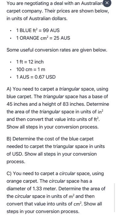 Solved - 1 BLUE ft2=99 AUS - 1ORANGE cm2=25 AUS Some useful | Chegg.com
