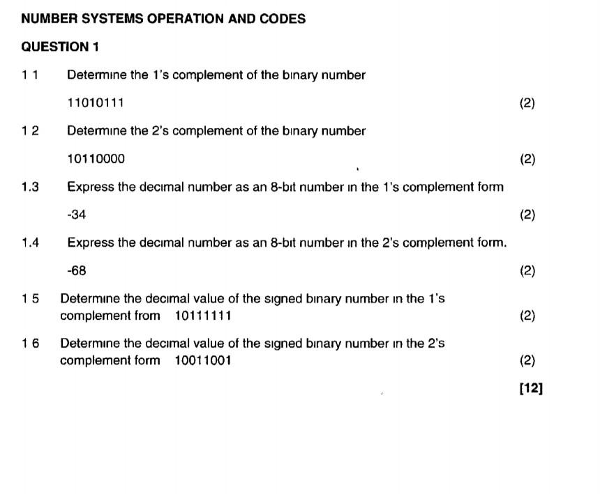 Solved NUMBER SYSTEMS OPERATION AND CODES QUESTION 1 11 | Chegg.com