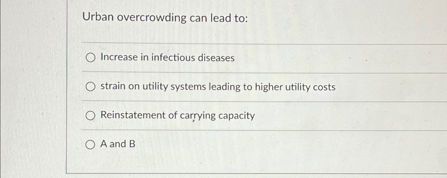 Solved Urban overcrowding can lead to:Increase in infectious | Chegg.com