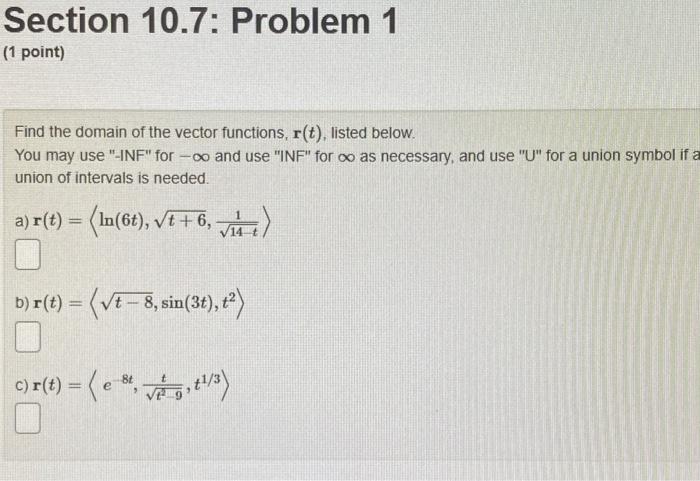 Solved Find the domain of the vector functions, r(t), listed | Chegg.com