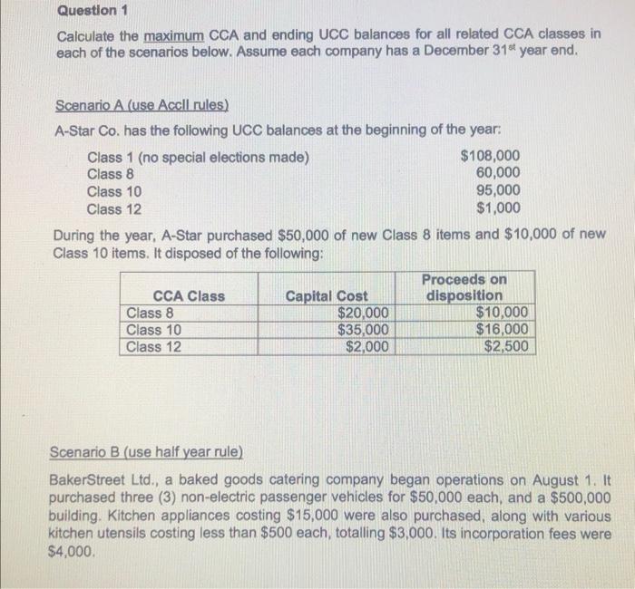 Question 1 Calculate the maximum CCA and ending UCC | Chegg.com