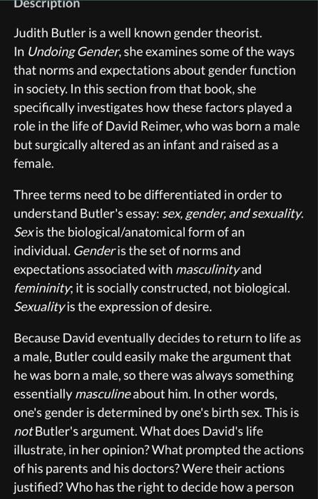 Judith Butler is a well known gender theorist. In | Chegg.com