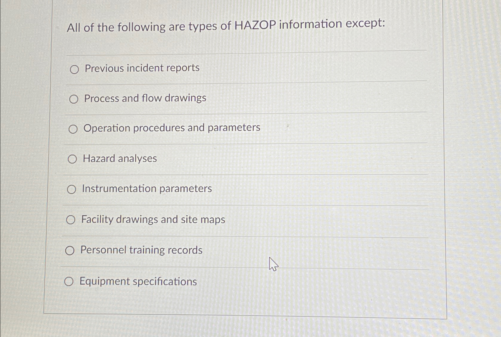 Solved All of the following are types of HAZOP information | Chegg.com