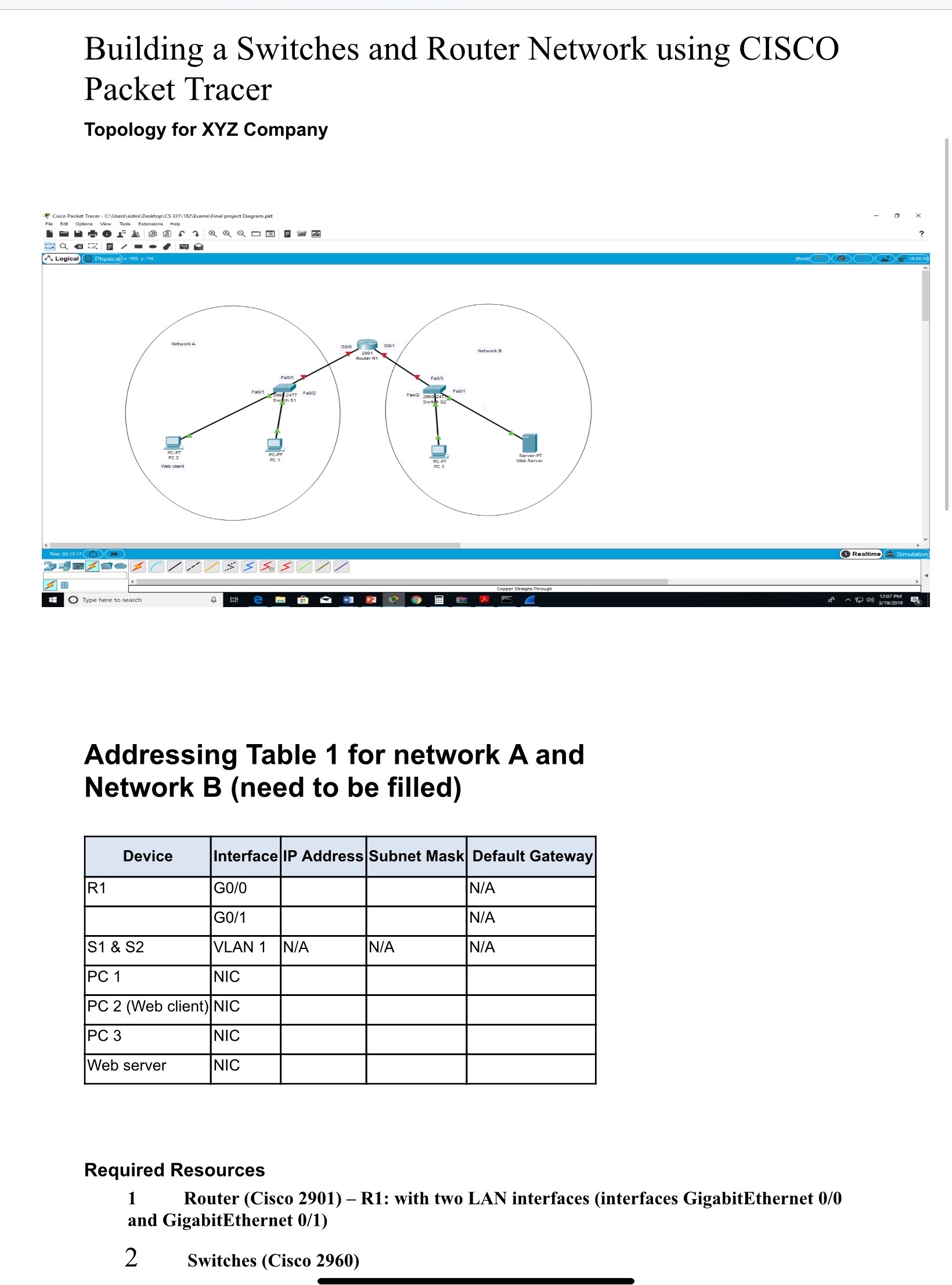Building a Switches and Router Network using CISCO | Chegg.com