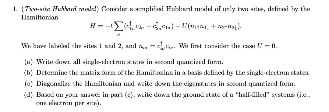 Solved 1. (Two-site Hubbard model) Consider a simplified | Chegg.com