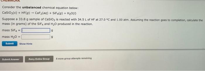 Consider the unbalanced chemical equation below: | Chegg.com